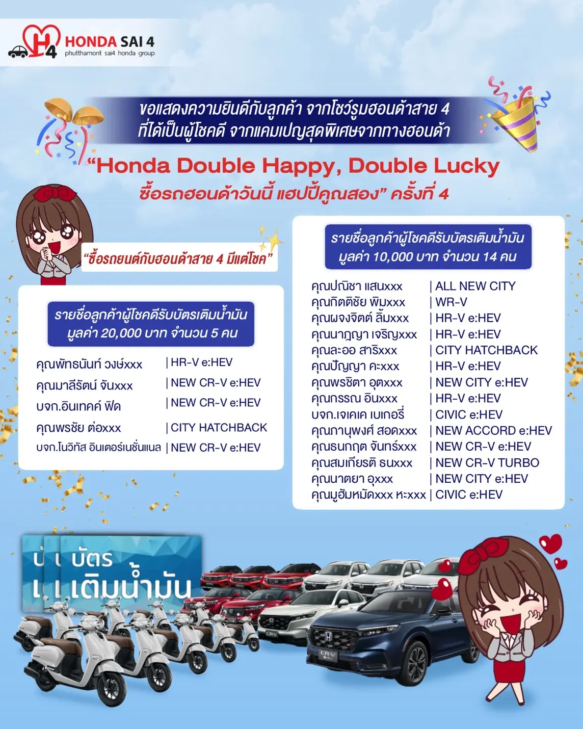 รายชื่อผู้โชคดีรอบที่ 4 จากแคมเปญ "Honda Double Happy, Double Lucky ...